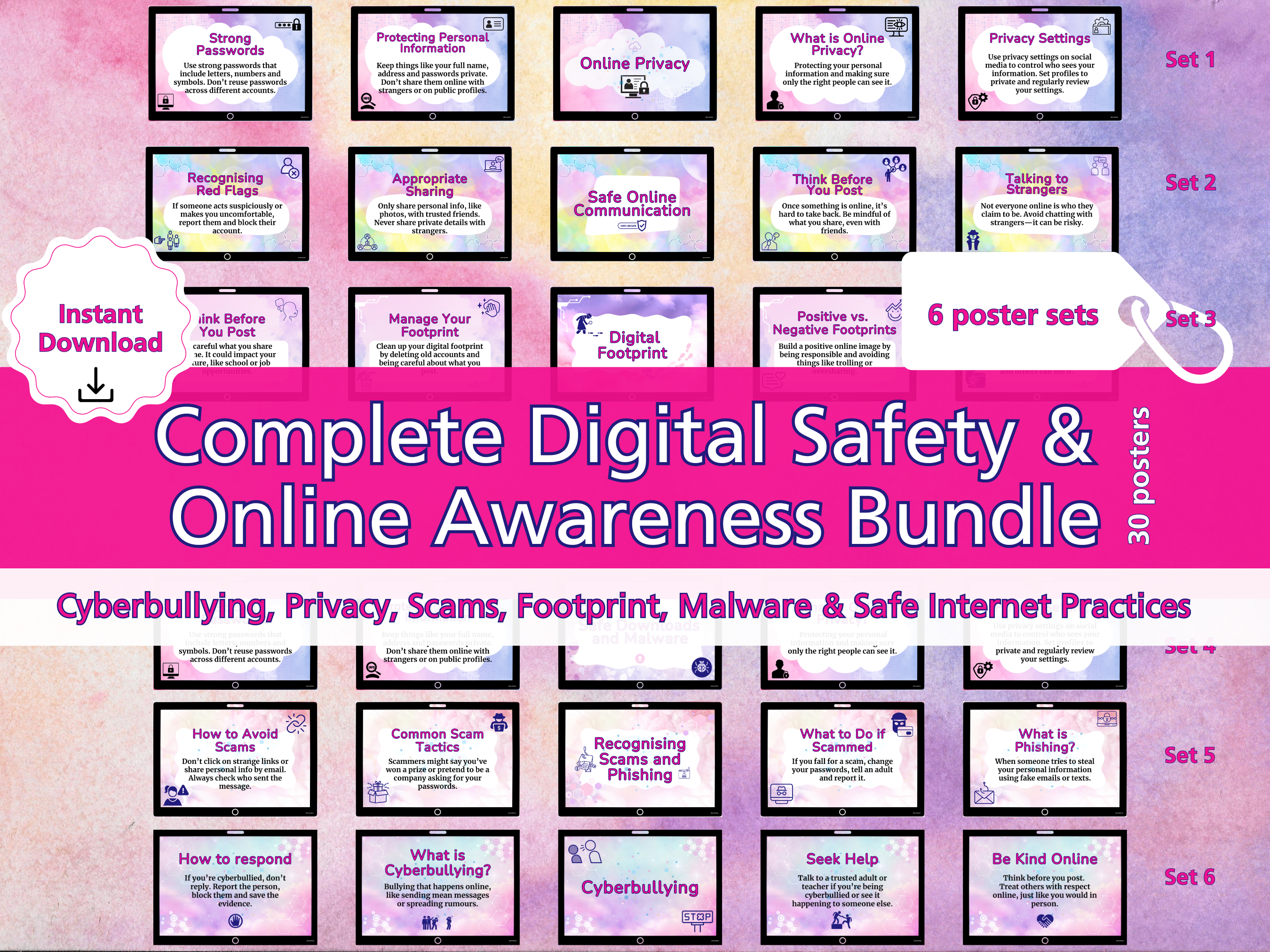Complete digital safety and online awareness poster bundle with 30 cla ...
