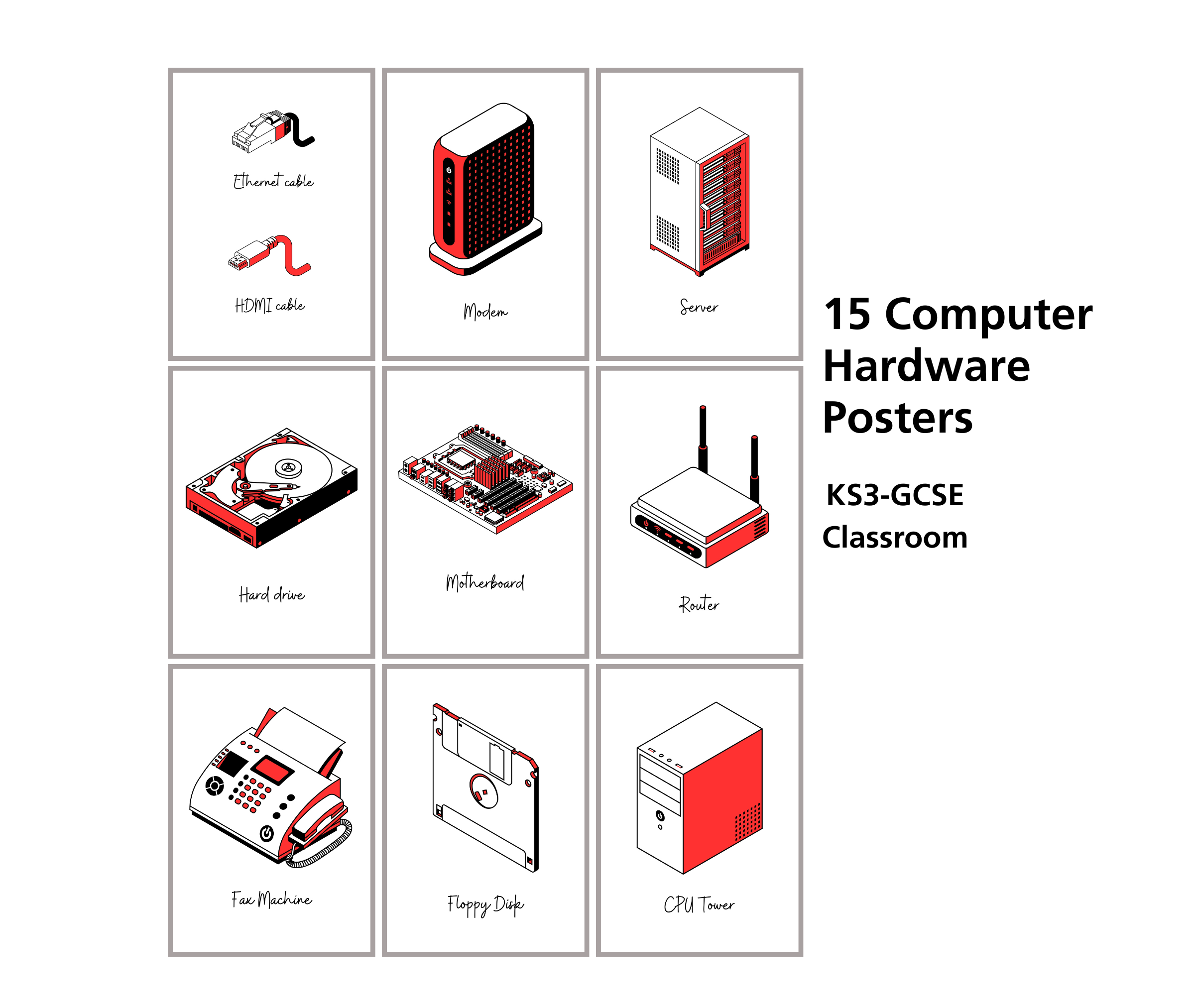 Set of 15 computer parts posters in a tech art style. Printable GCSE C ...